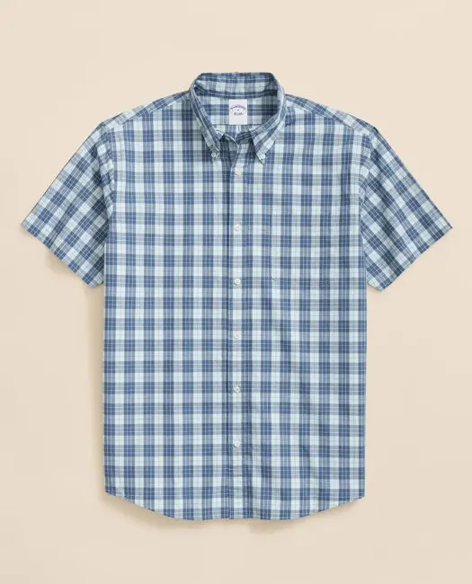 Brooks Brothers Friday Shirt, Short-sleeve Poplin Tartan - Turquoise
