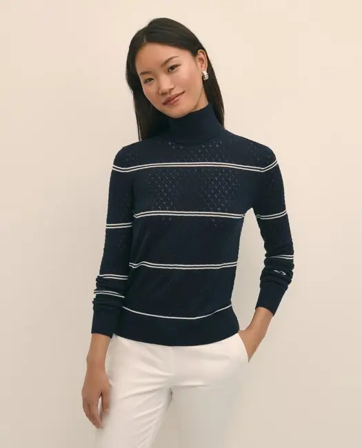 Brooks Brothers S Merino Wool Striped Pointelle Turtleneck | | Medium - Navy