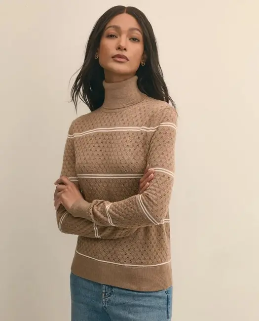 Brooks Brothers S Merino Wool Striped Pointelle Turtleneck | | Medium - Tan