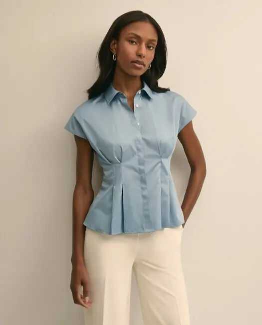 Brooks Brothers Supima Cotton Sateen Pleated Peplum Shirt - Blue