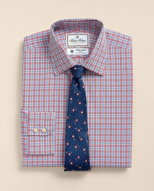 Brooks Brothers X Thomas Mason Cotton Poplin Ainsley Collar, Check Dress Shirt - Red