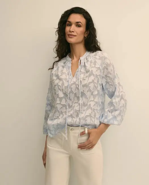 Brooks Brothers S Cotton Jacquard Peasant Blouse - Blue