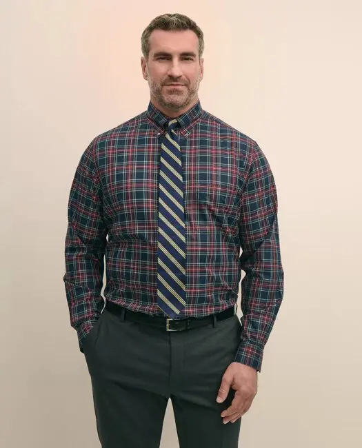 Brooks Brothers Big & Tall Stretch Cotton Non-iron Twill Polo Button Down Collar, Tartan Shirt - Hydrangea