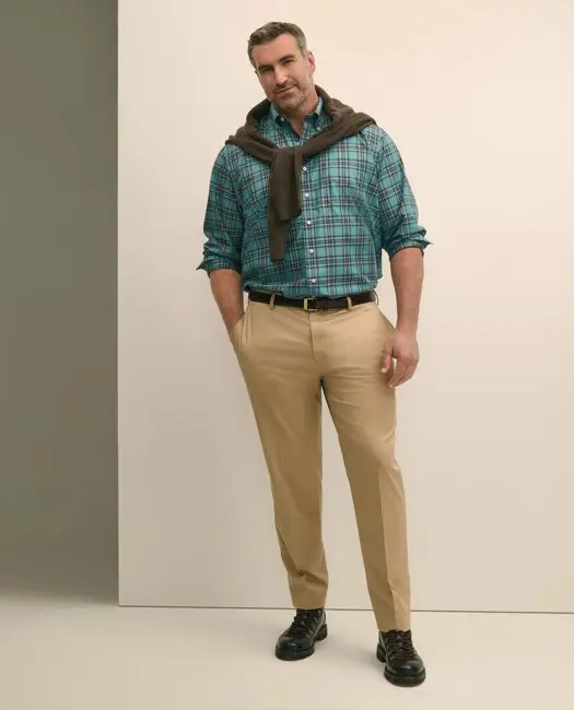 Brooks Brothers Big & Tall Stretch Cotton Non-iron Twill Polo Button Down Collar, Tartan Shirt - Teal