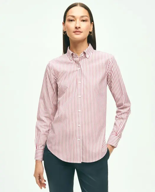Brooks Brothers Classic Fit Stretch Supima Cotton Non-iron Bengal Stripe Dress Shirt - Maroon