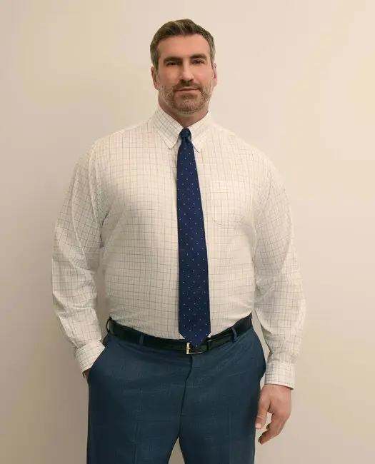 Brooks Brothers Big & Tall Stretch Cotton Non-iron Pinpoint Oxford Polo Button Down, Windowpane Dress Shirt - Blue