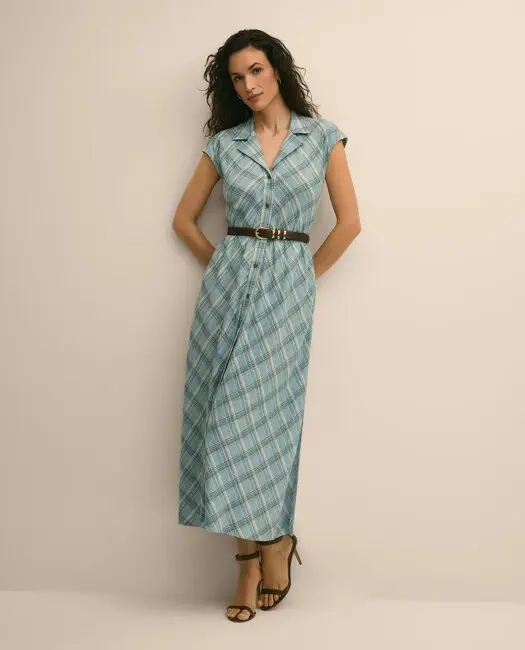 Brooks Brothers S Linen Blend Plaid Belted Sleeveless Dress - Blue