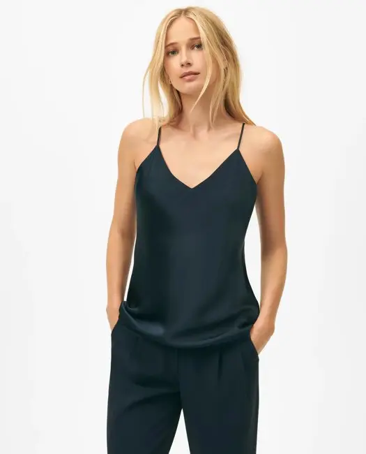 Brooks Brothers V-neck Camisole In Washable Silk Charmeuse - Navy