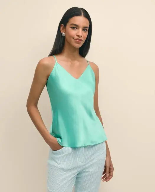 Brooks Brothers V-neck Camisole In Washable Silk Charmeuse - Turquoise