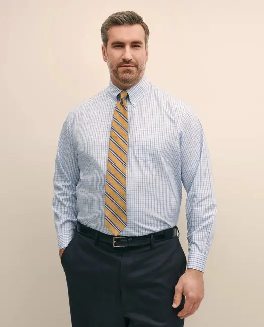 Brooks Brothers Big & Tall Stretch Cotton Non-iron Pinpoint Polo Button Down Collar, Tattersall Dress Shirt - Blue