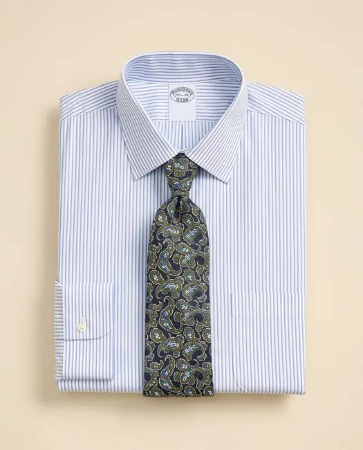 Brooks Brothers Stretch Supima Cotton Non-iron Broadcloth Ainsley Spread Collar Striped Dress Shirt - Blue
