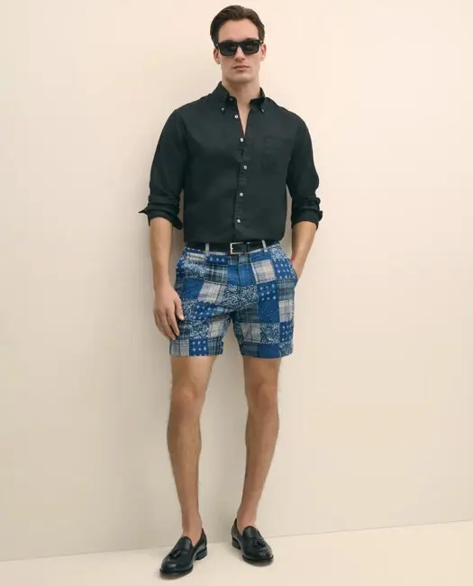 Brooks Brothers 7" Cotton Patchwork Madras Shorts - Navy