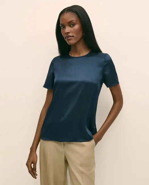 Brooks Brothers Washable Silk Charmeuse Short-sleeve Top - Navy