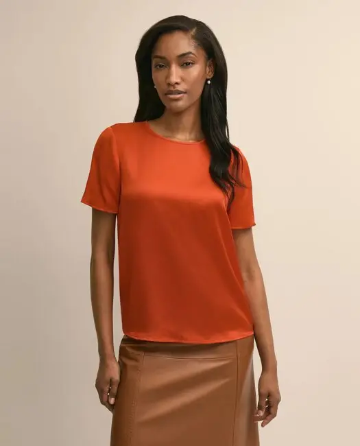 Brooks Brothers Short-sleeve Top In Washable Silk Charmeuse - Red