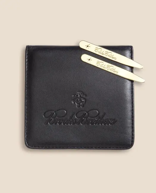 Brooks Brothers S Metallic Collar Stays With Nappa Leather Case Tie - Gold