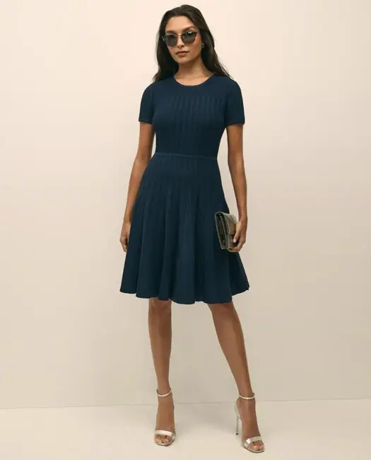 Brooks Brothers A-line Pleated Short-sleeve Sweater Dress - Navy