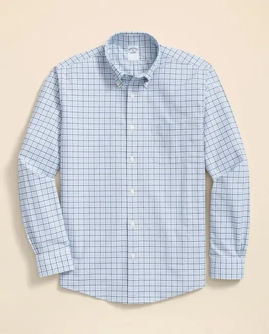 Brooks Brothers Stretch Cotton Non-iron Polo Button Down Collar, Graph Check Shirt - Blue