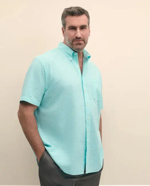 Brooks Brothers Big & Tall Cotton Seersucker Polo Button-down Collar, Short-sleeve Shirt - Blue