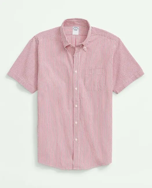 Brooks Brothers S Washed Cotton Seersucker Button-down Collar, Stripe Short-sleeve Sport Shirt - Red