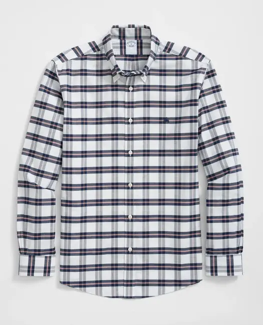 Brooks Brothers S Stretch Cotton Non-iron Oxford Polo Button Down Collar, Bold Check Shirt - Navy