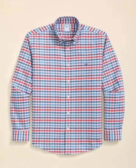 Brooks Brothers Stretch Cotton Non-iron Oxford Polo Button Down Collar, Bold Check Shirt - Red