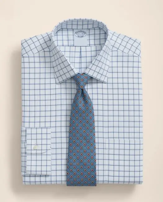 Brooks Brothers Explorer Collection Non-iron Twill Ainsley Collar, Windowpane Dress Shirt - Blue