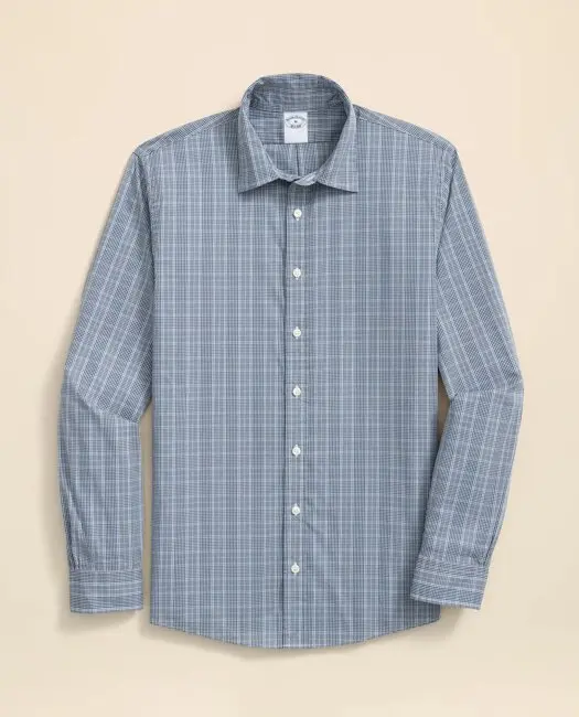 Brooks Brothers Performance Series Stretch Spread Collar, Glen Plaid Sport Shirt - Navy