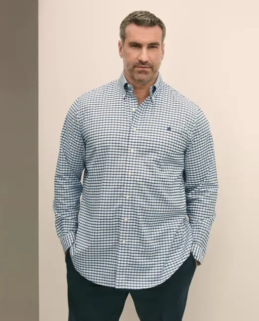 Brooks Brothers Big & Tall Stretch Cotton Non-iron Oxford Polo Button Down Collar, Checked Shirt | | Tal - Hydrangea