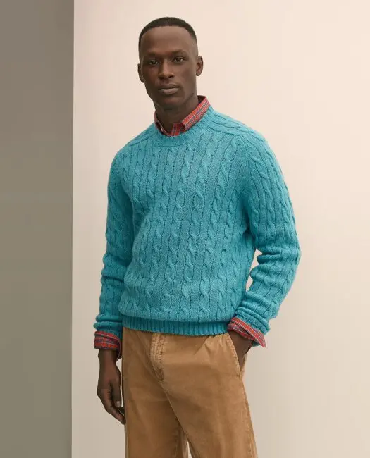 Brooks Brothers Cable Crewneck Sweater In Shetland Wool - Blue