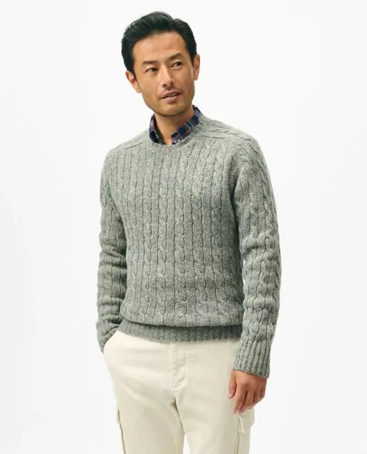 Brooks Brothers Cable Crewneck Sweater In Shetland Wool - Grey