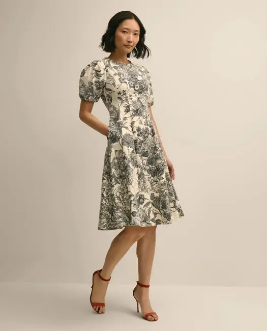 Brooks Brothers Cotton Blend Puff-sleeve Floral Print Dress - Black