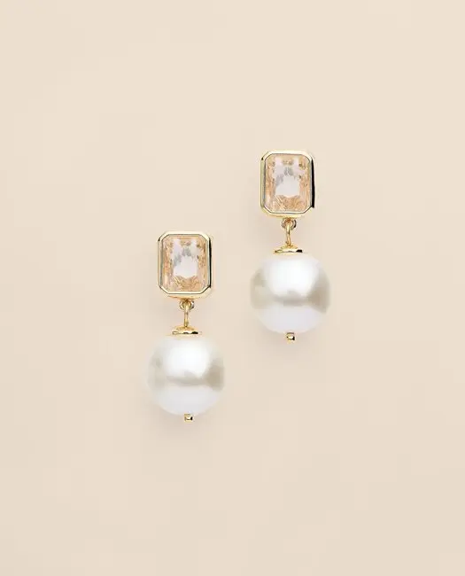 Brooks Brothers Faux Pearl Drop Earrings With Cubic Zirconia Accent - Gold