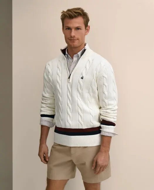 Brooks Brothers Cable Knit Tennis Quarter-zip Sweater In Supima Cotton - White