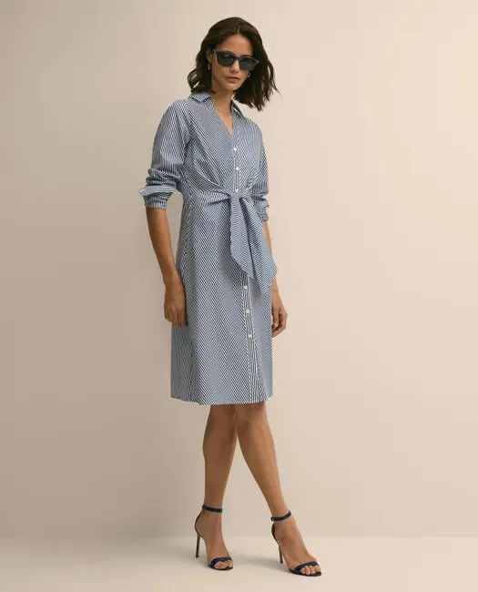 Brooks Brothers S Supima Cotton Striped Tie-waist Shirt Dress - Blue