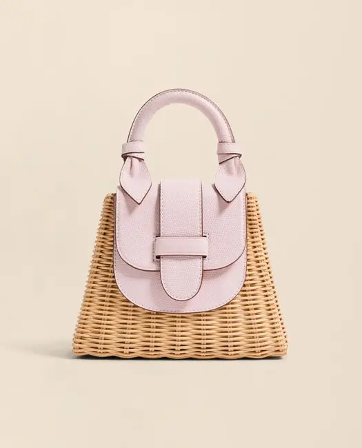 Brooks Brothers Pamela Munson Handwoven Rattan Lady Bag With Embossed Lizard Leather - Blush