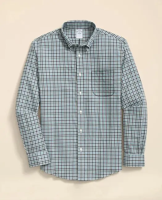 Brooks Brothers Stretch Supima Cotton Non-iron Twill Polo Button Down, Check Sport Shirt - Teal