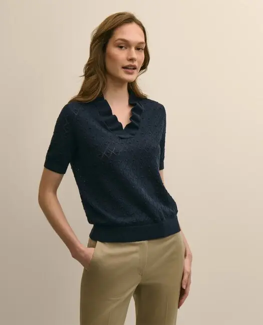 Brooks Brothers S Cotton Viscose Short-sleeve Ruffle Sweater - Navy