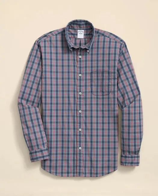 Brooks Brothers Performance Series Stretch Polo Button-down Collar, Tartan Sport Shirt - Navy