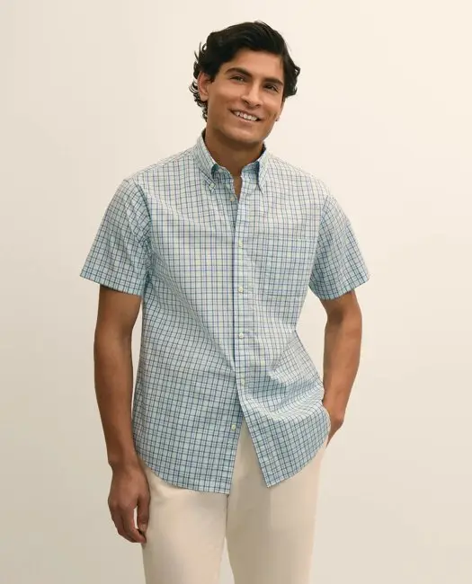 Brooks Brothers Friday Shirt, Short-sleeve Poplin Check - Aqua