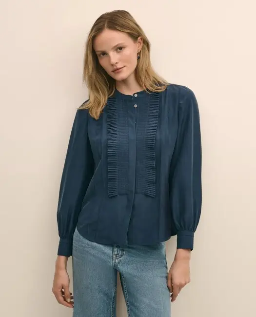 Brooks Brothers S Silk Habotai Pintucked Blouse | | Small - Navy