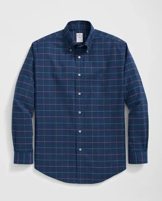 Brooks Brothers Stretch Cotton Non-iron Oxford Polo Button Down Collar Multi Windowpane Shirt - Navy