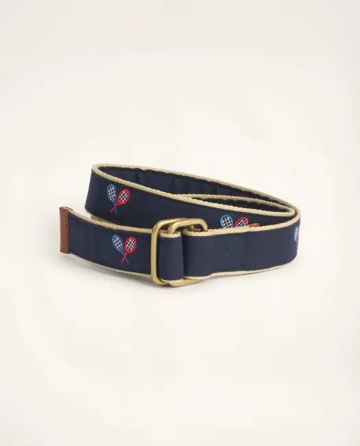 Brooks Brothers S Embroidered Leather Tab D-ring Belt | Large - Multicolor