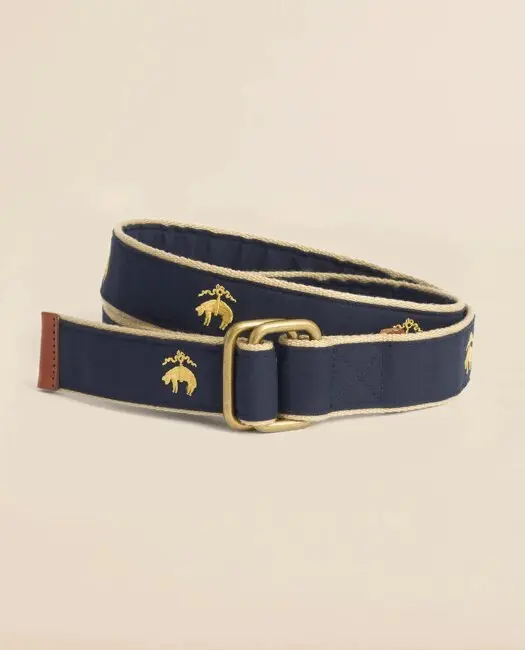 Brooks Brothers S Embroidered Leather Tab D-ring Belt | Large - Navy