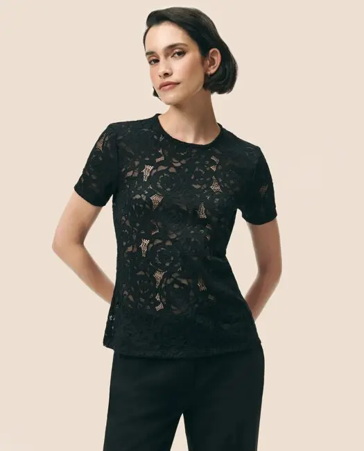 Brooks Brothers S Semi-sheer Short-sleeve Top In Floral Lace | | Large - Black