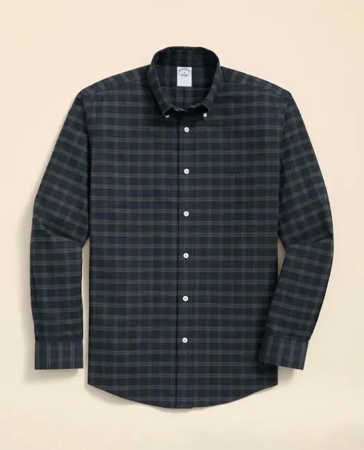 Brooks Brothers Stretch Non-iron Oxford Button-down Collar, Black Watch Shirt - Navy