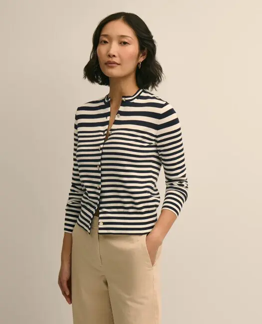 Brooks Brothers Supima Cotton Variegated Stripe Cardigan Sweater | | Large - Navy
