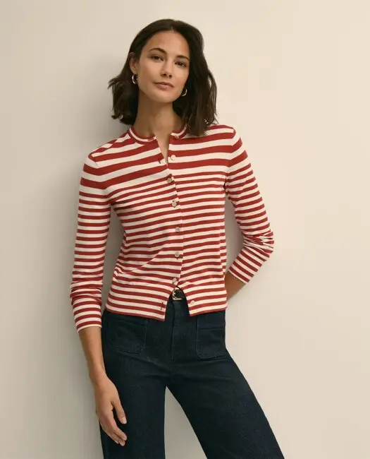 Brooks Brothers Supima Cotton Variegated Stripe Cardigan Sweater | | Large - Red