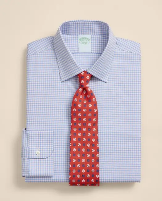 Brooks Brothers Explorer Collection Non-iron Twill Ainsley Collar, Mini-check Dress Shirt - Hydrangea