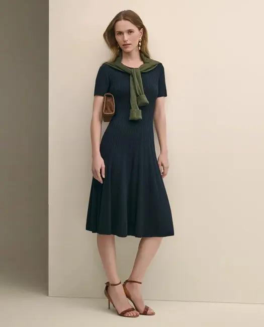 Brooks Brothers S Cable-knit Fit-and-flare Sweater Dress - Navy