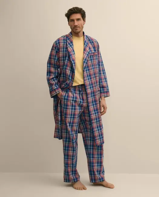 Brooks Brothers Cotton Broadcloth Madras Robe - Navy